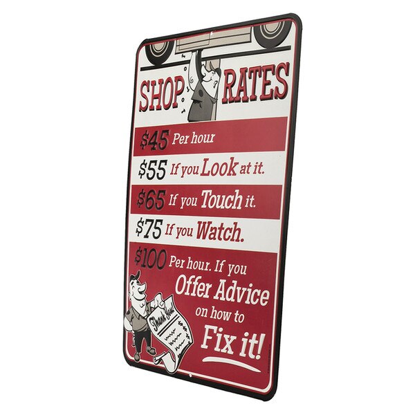 Shop Rates Embossed Metal Sign | Open Road Brands | Shop-ORB