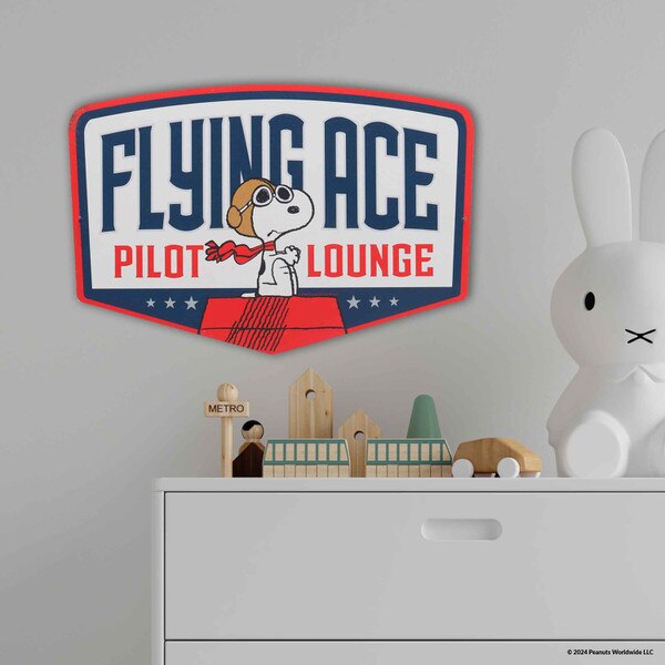 Peanuts Snoopy Flying Ace Pilot Lounge Metal Sign | Open Road Brands ...