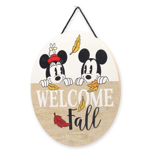 Disney Mickey & Minnie Mouse Welcome Fall Round Hanging Wood Wall Decor ...